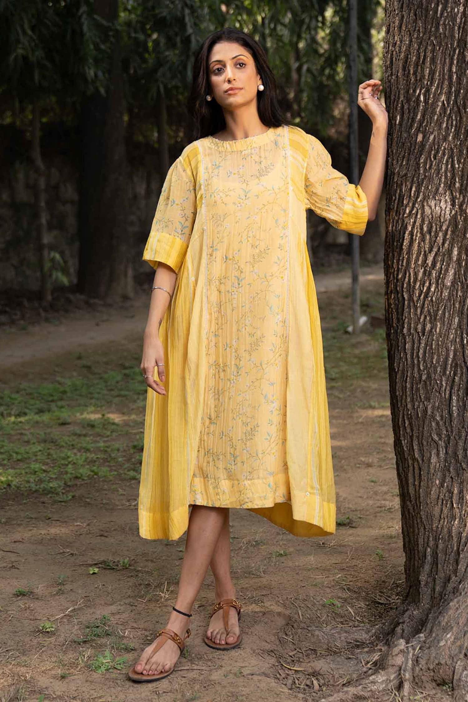 Buy Dhaari Yellow Handwoven Cotton Silk Floral Pattern Gathered Dress ...