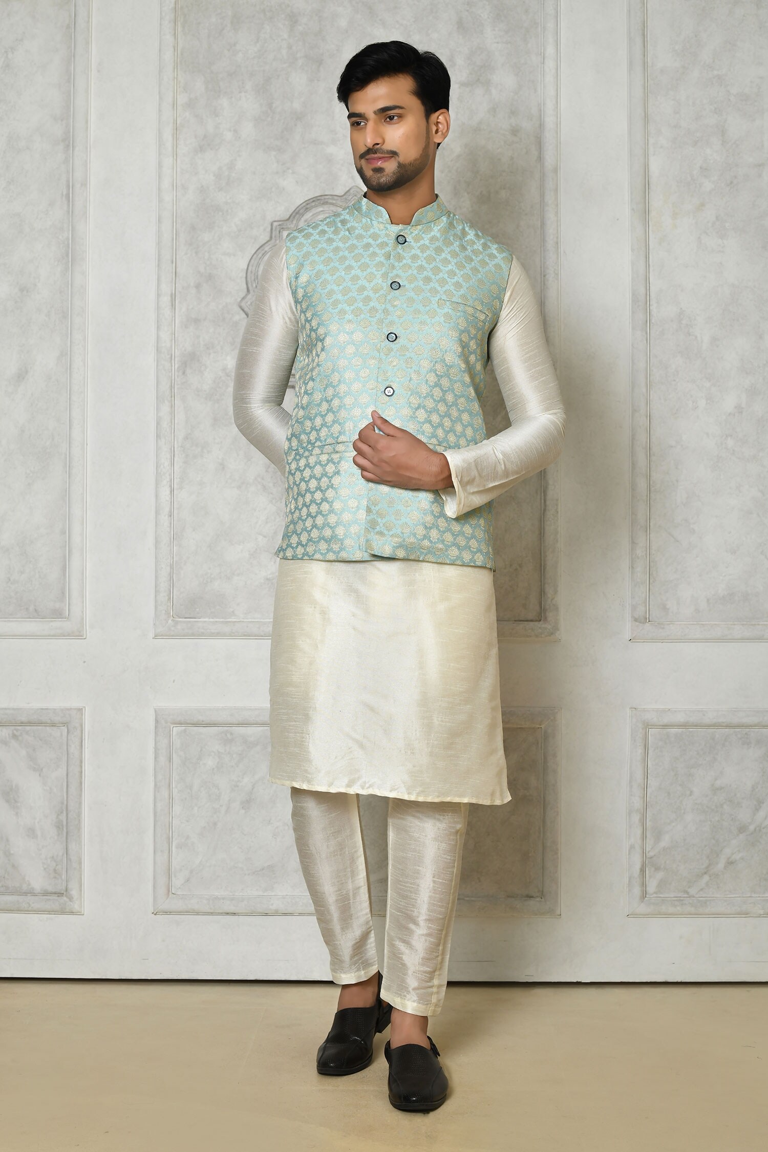 Buy Blue Jacquard Silk Woven Floral Motifs Pattern Bundi For Men by ...