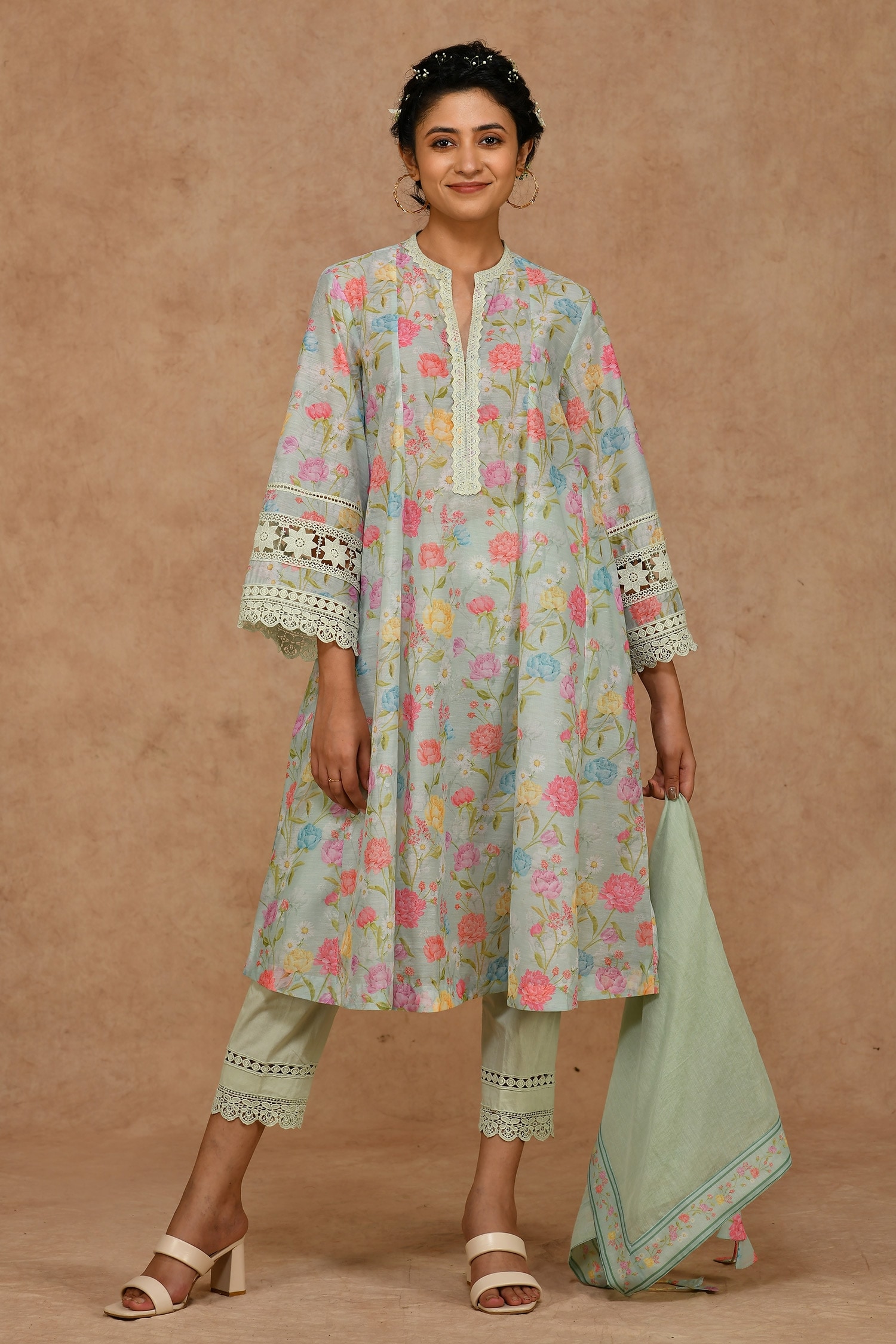 Buy Green Chanderi Printed Floral Notched A-line Kalidar Kurta Set For ...