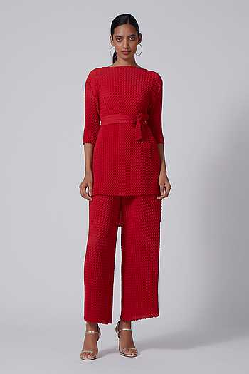 Buy Red 100% Polyester Chevron Round Carina Pleated Top And Pant Set ...
