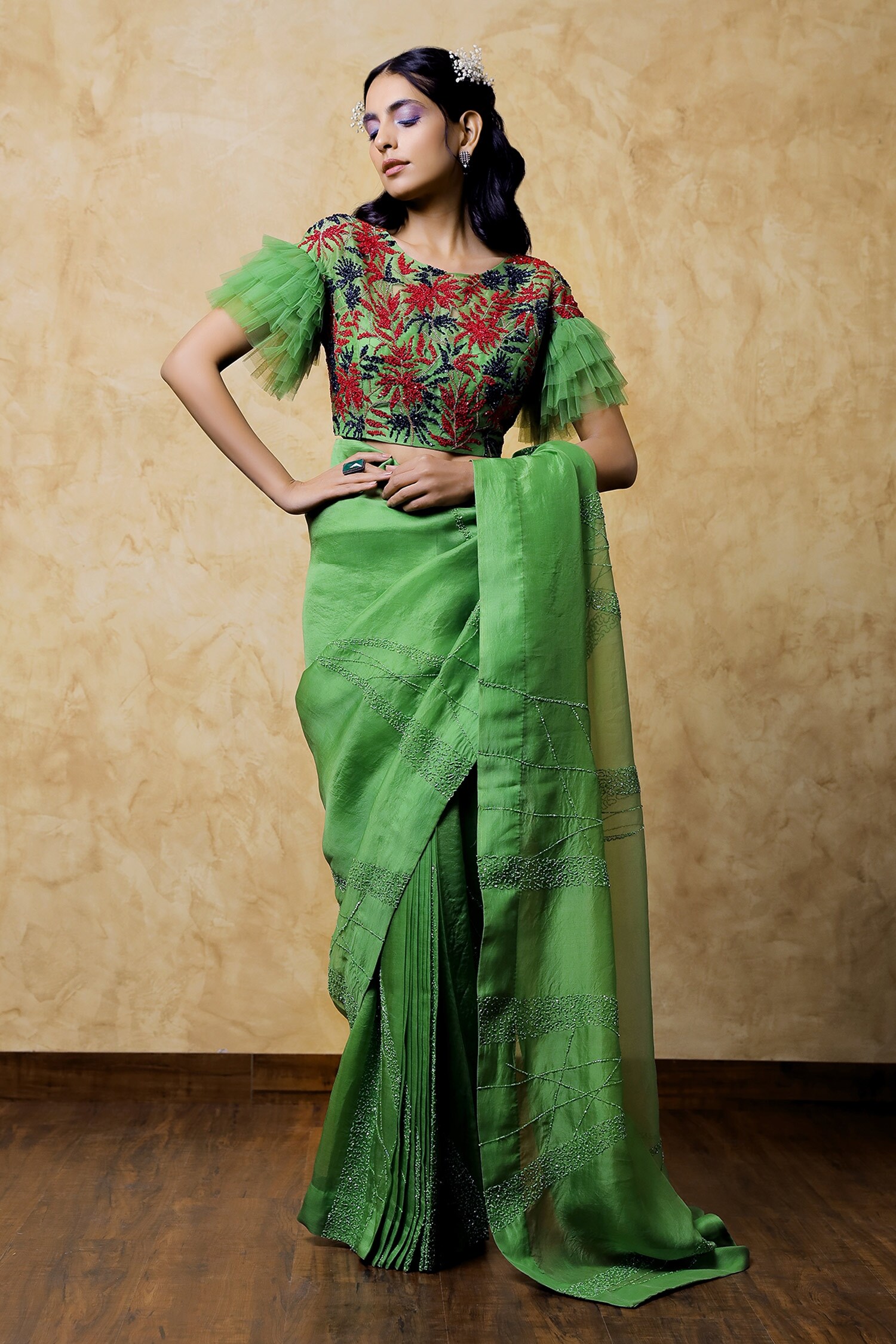 Buy Shilpi Gupta Green Organza Embroidered Saree With Abstract ...