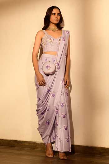 Buy Pasha India Purple Linen Floral Print Pant Saree With Blouse Online ...