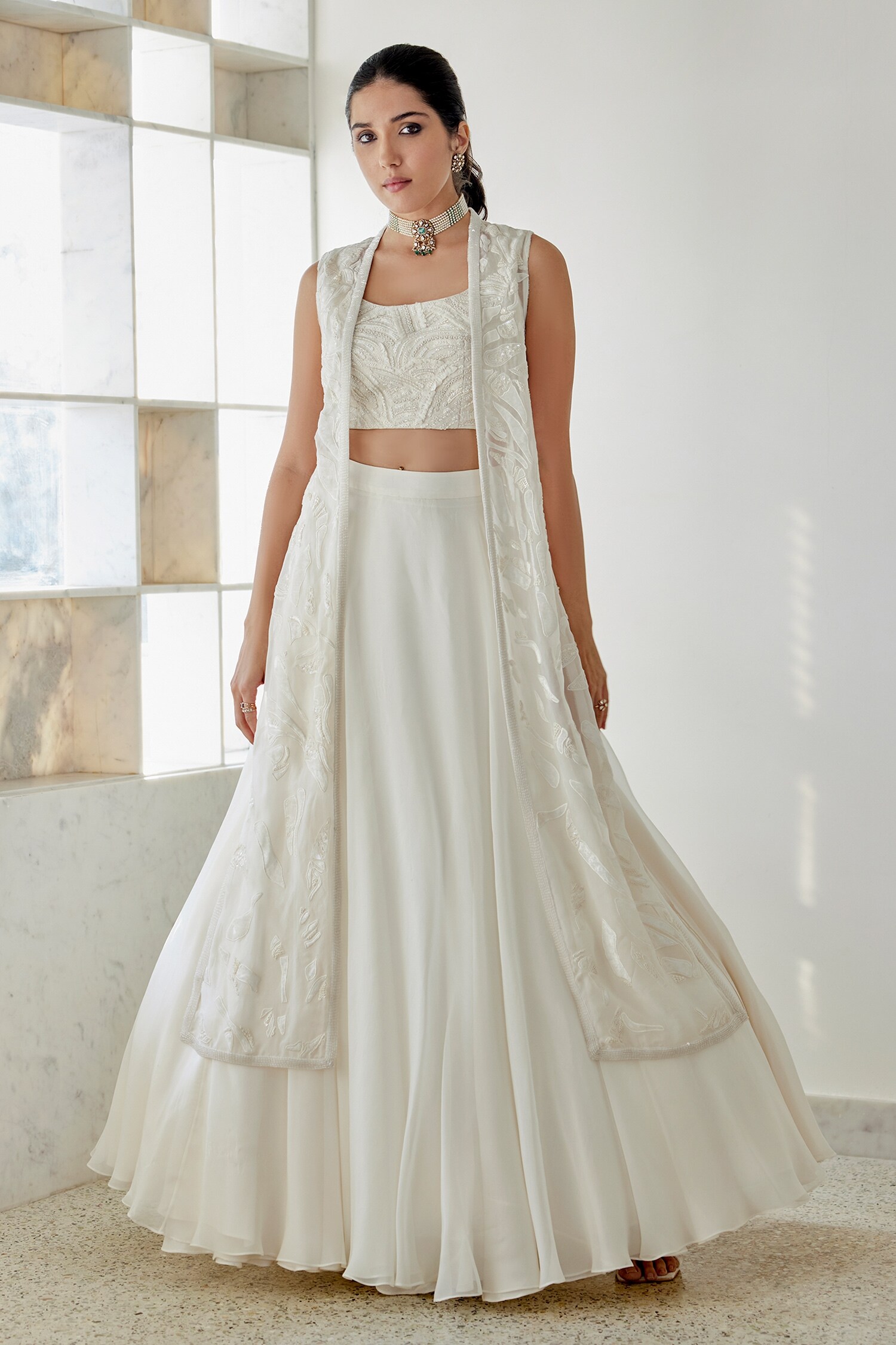 Buy Ivory Jacket And Skirt - Organza; Blouse - Chanderi Silk Amina Set For Women by Mishru ...