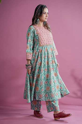 Buy Pants and Pajamas Blue Cotton Serena Block Print Pant Online | Aza ...