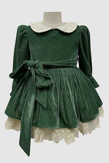Buy Green Velvet Plain Vintage Lace Trimmed Dress For Girls by Jasmine ...