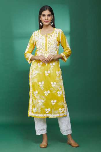 Buy The Chikankarists Yellow Mul Cotton Floral Print And Chikankari ...