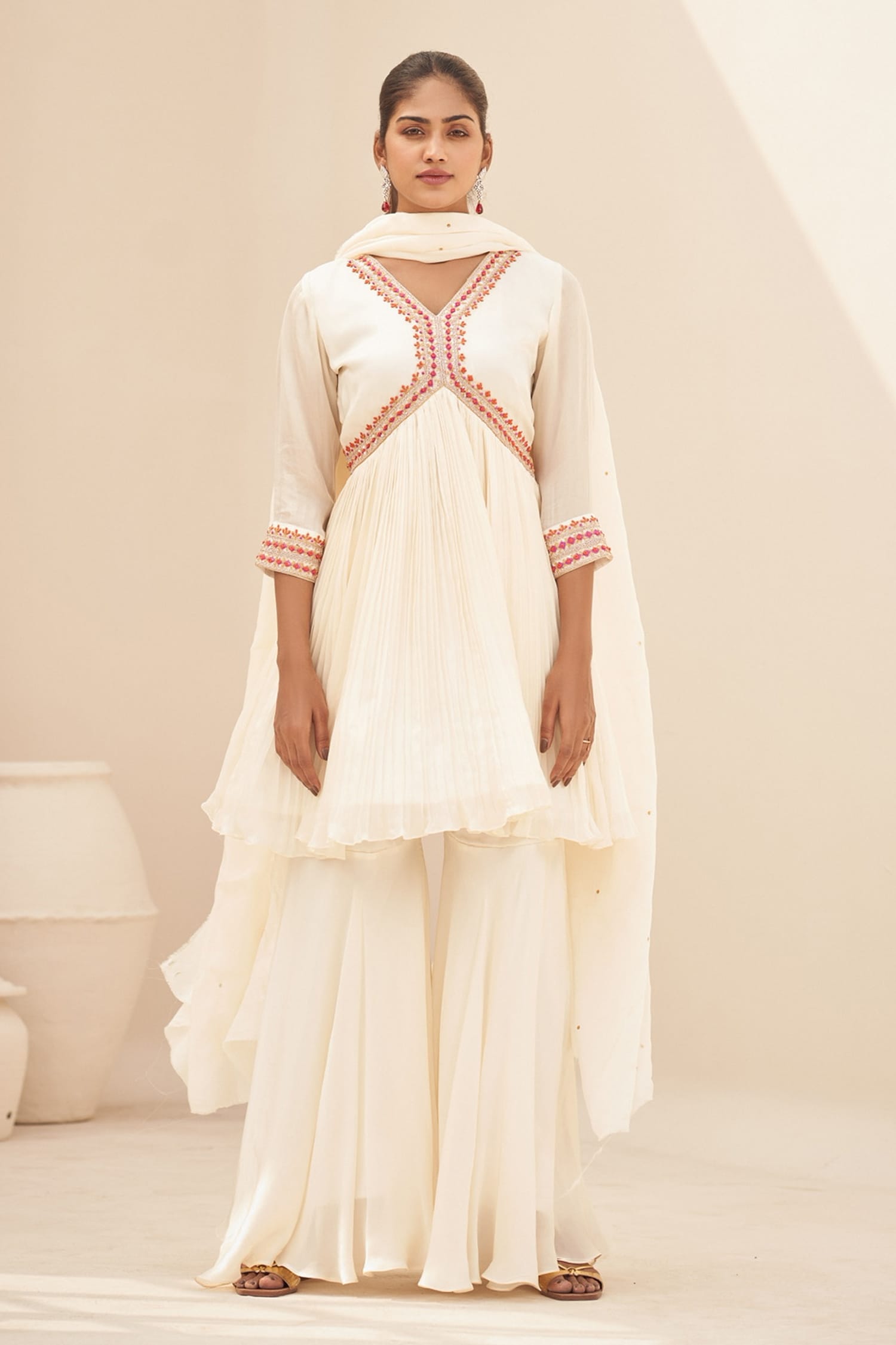 Buy White Georgette Organza Embroidered Pleated Anarkali Sharara Set ...