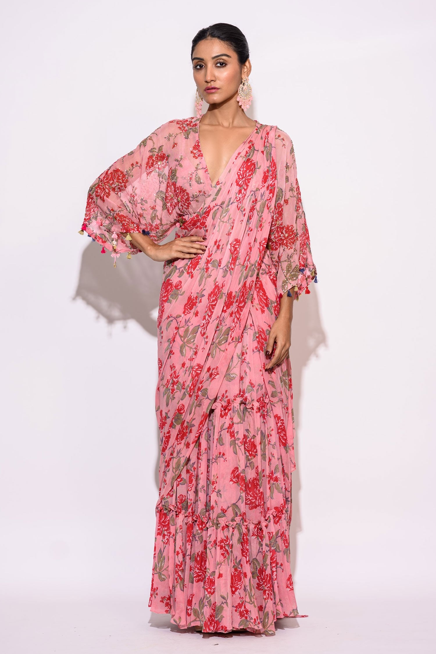 Buy Pink Chiffon Floral Pattern And Pre-draped Tiered Saree Set For ...