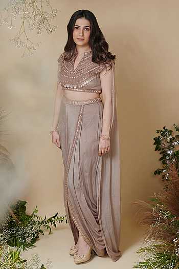 Buy Reeti Arneja Brown Chinon Enigma Embroidered Blouse And Dhoti Pant ...