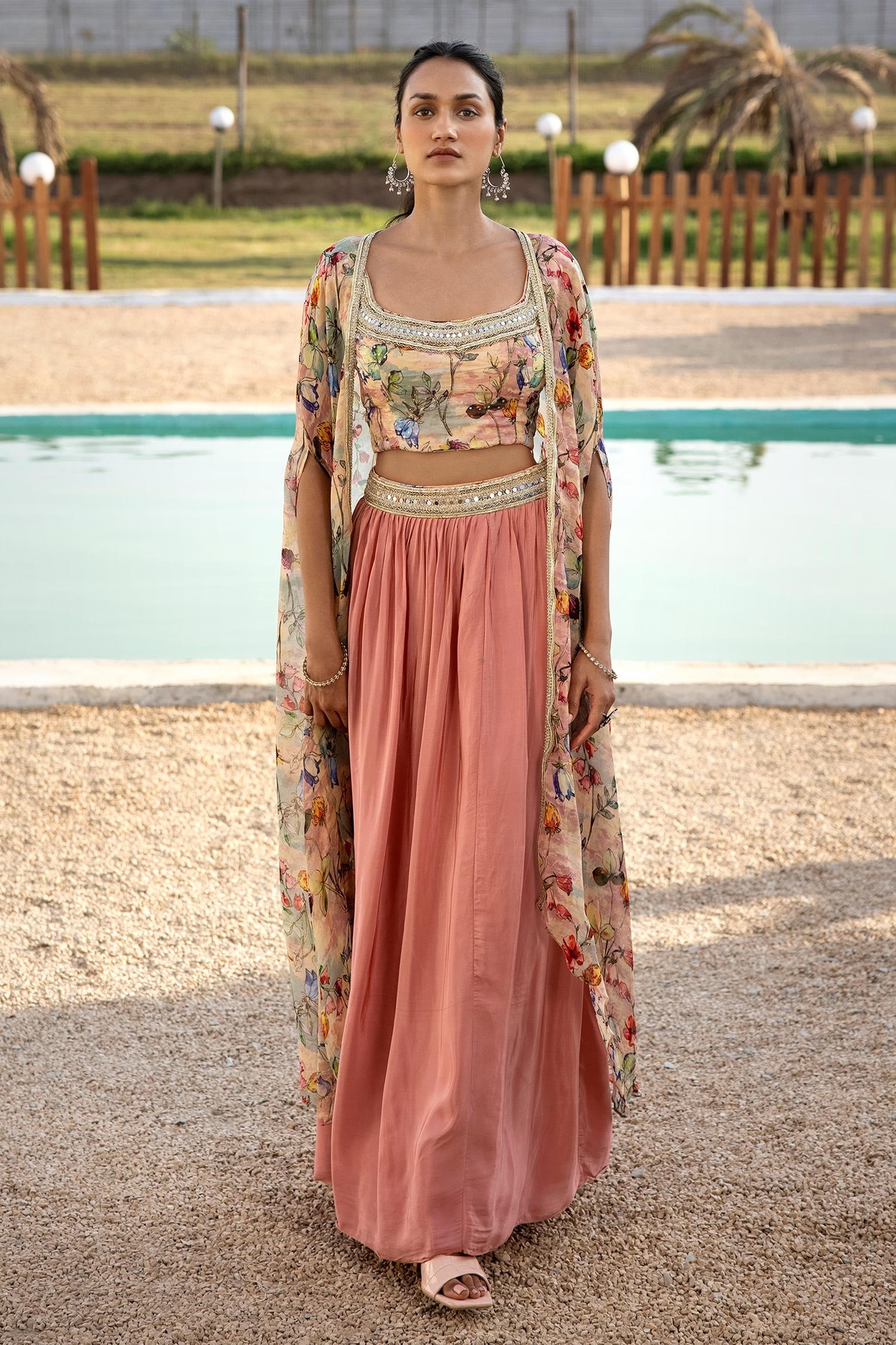 Buy Multi Color Cape- Viscose Organza Printed Flower And Draped Skirt ...