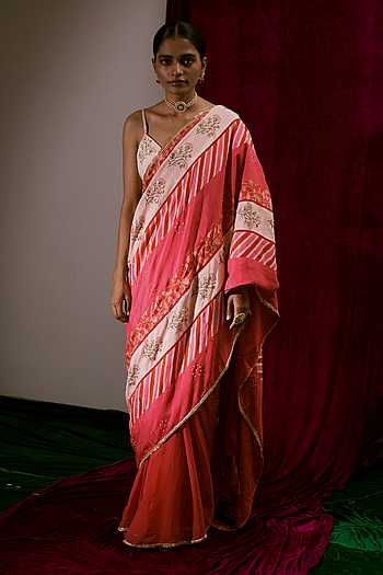 Buy 17:17 by Simmi Saboo Pink Muslin Silk Multi Panel Saree With ...