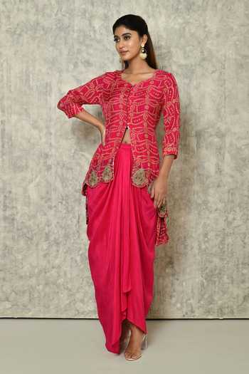 Buy Pink Bamber Silk Print Bandhej Pattern Tunic And Draped Skirt Set ...