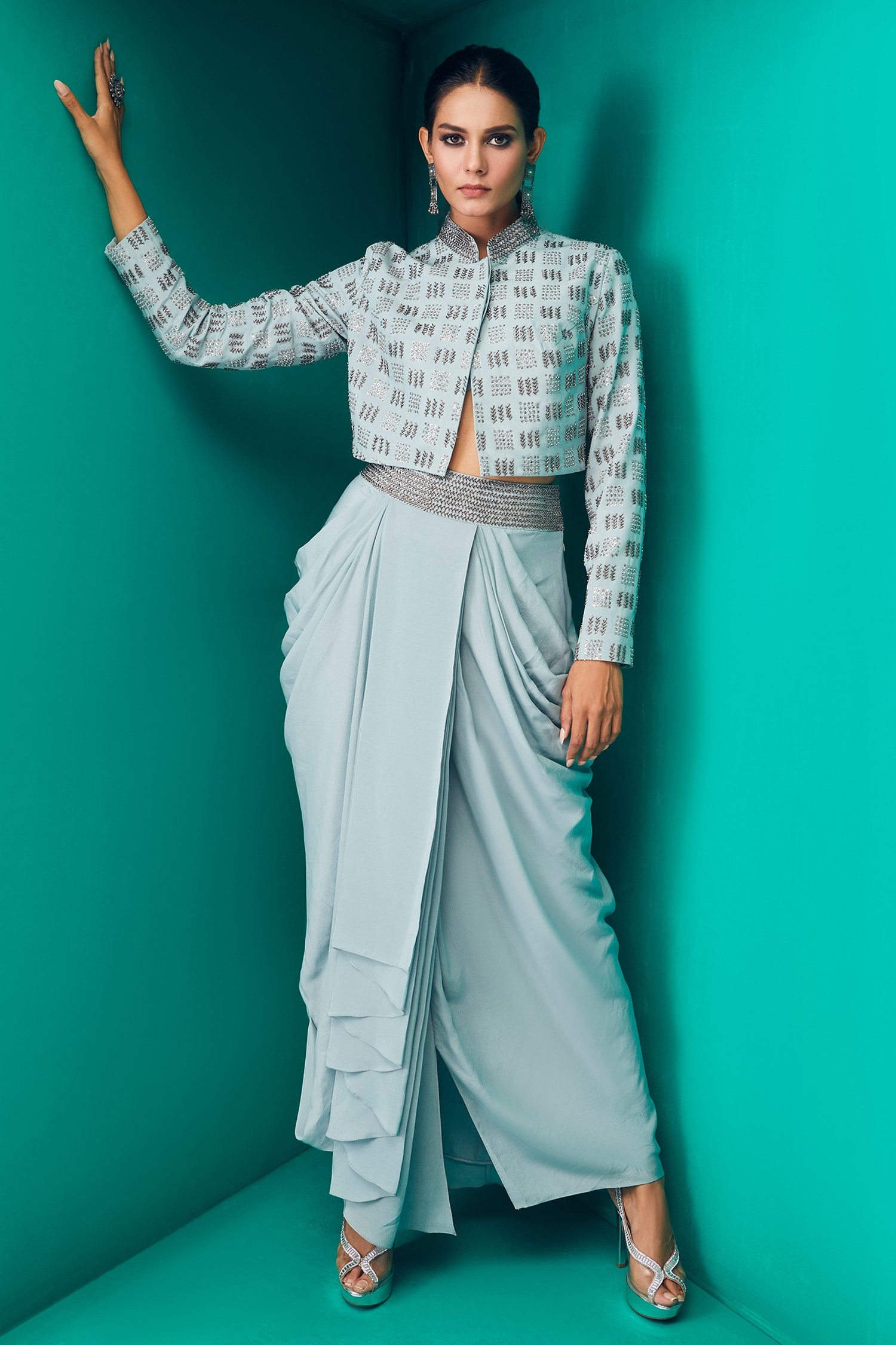 Buy Blue Crepe Embroidery Sequin Mandarin Crop Jacket And Draped Skirt ...