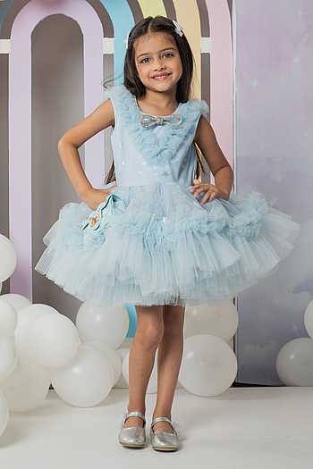 Buy Blue Tulle Embroidered Swarovski Head In The Clouds Ruffled Dress ...