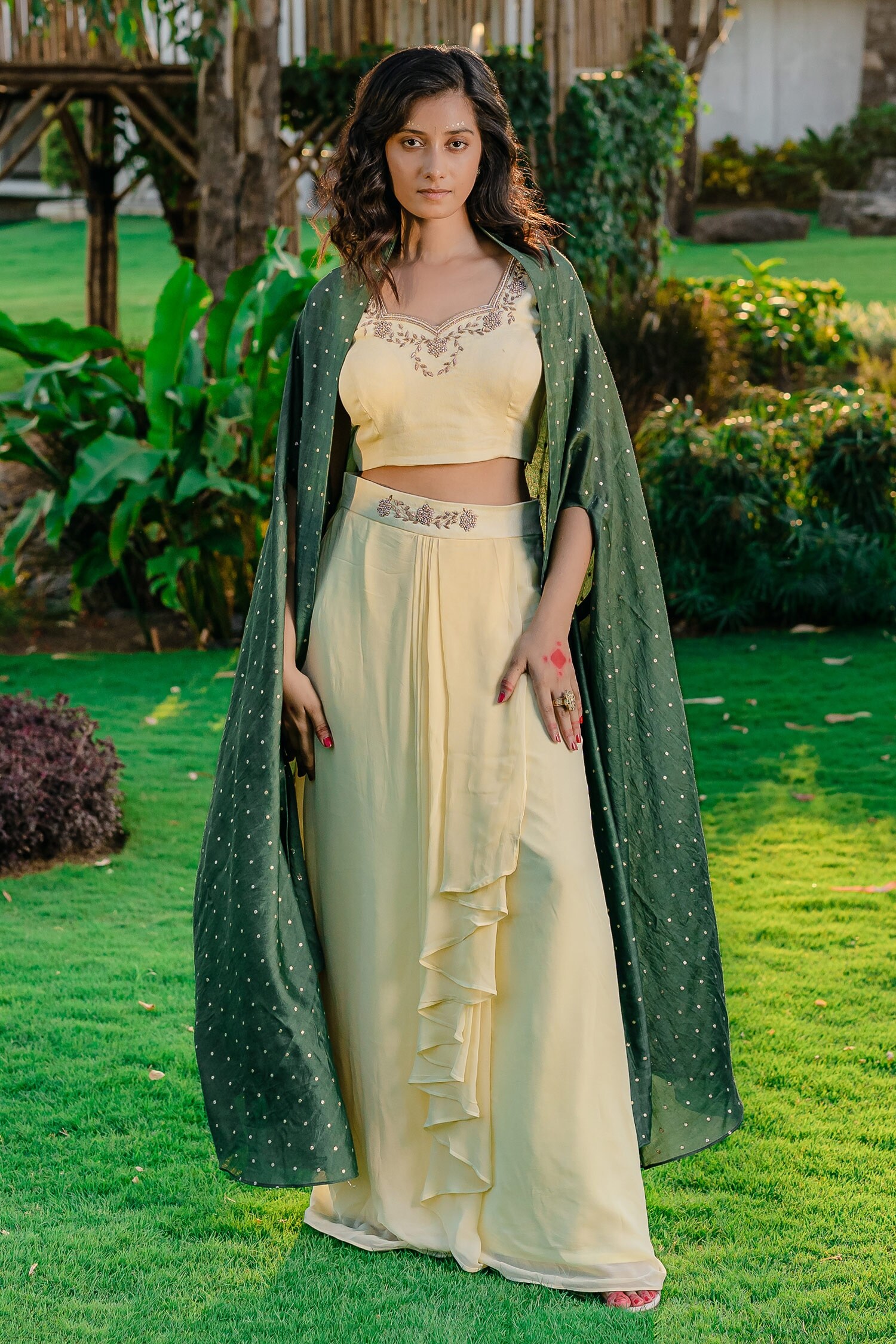 Buy Green Cape Chanderi Hand Embroidery Saadi Jacket And Lehenga Set ...