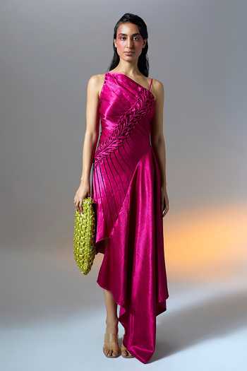 Buy Fuchsia Vegan Mashru Hand Smoked Asymmetric Neck Orchid Dress For ...