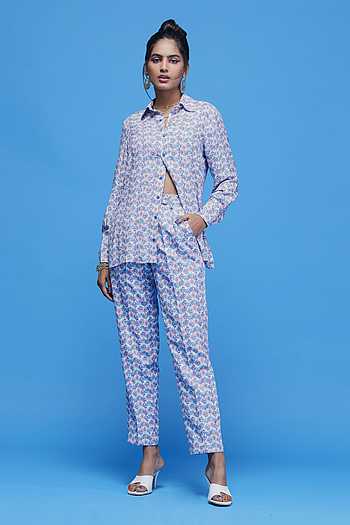 Buy Multi Color Crepe Printed Tulip Collared Neck Shirt And Pant Set ...