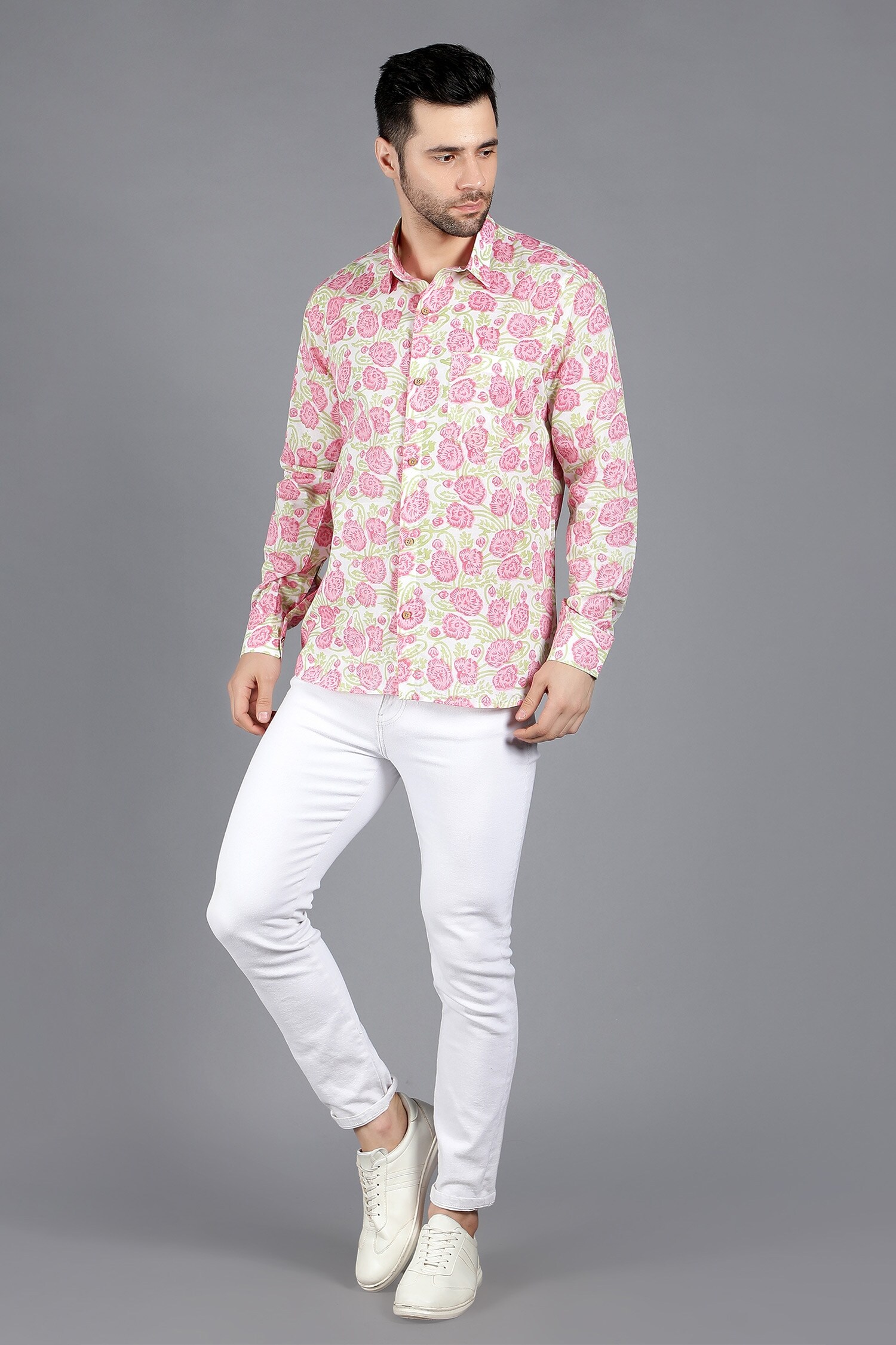 Buy Kalp Pink Cotton Pollux Flower Vine Print Shirt Online | Aza Fashions