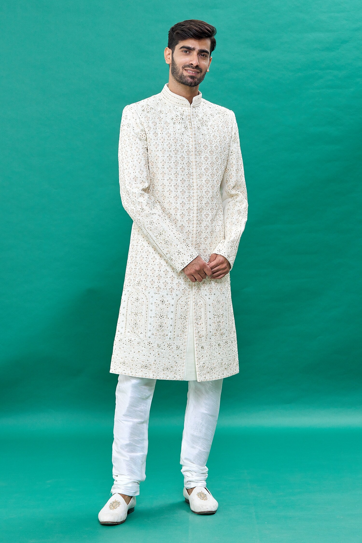Buy RNG Safawala Off White Raw Silk Thread Embroidered Sherwani Set ...