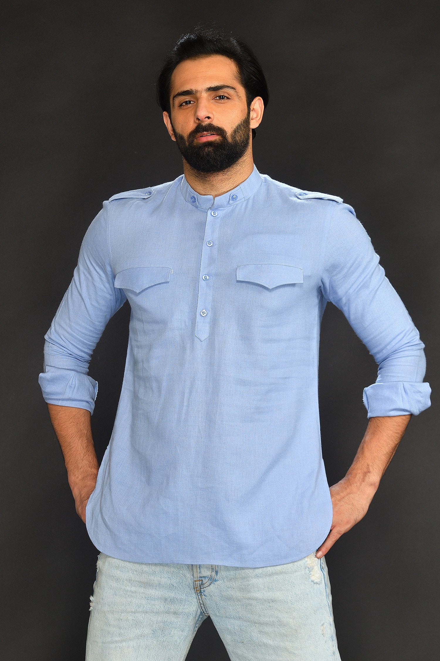 Buy Blue Linen Viscose Plain Solid Band Collar Pathani For Men by ...