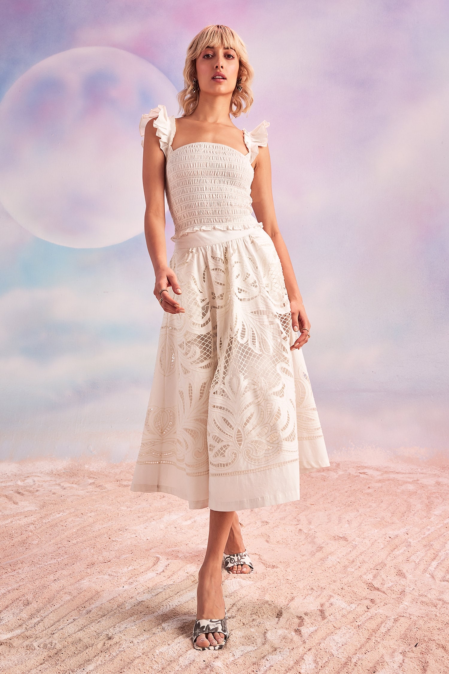 Buy House of Eda Ivory Shell Cotton Smocked Top And Floral Cut Work ...