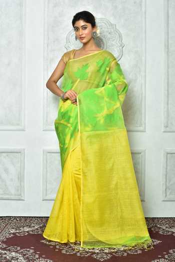 Buy Samyukta Singhania Yellow Blended Matka Silk Jamdani Work Floral ...