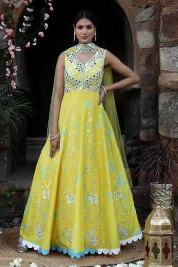 Buy Yellow Uppada Silk Dye And Embroidery Tie Anarkali With Tassel ...