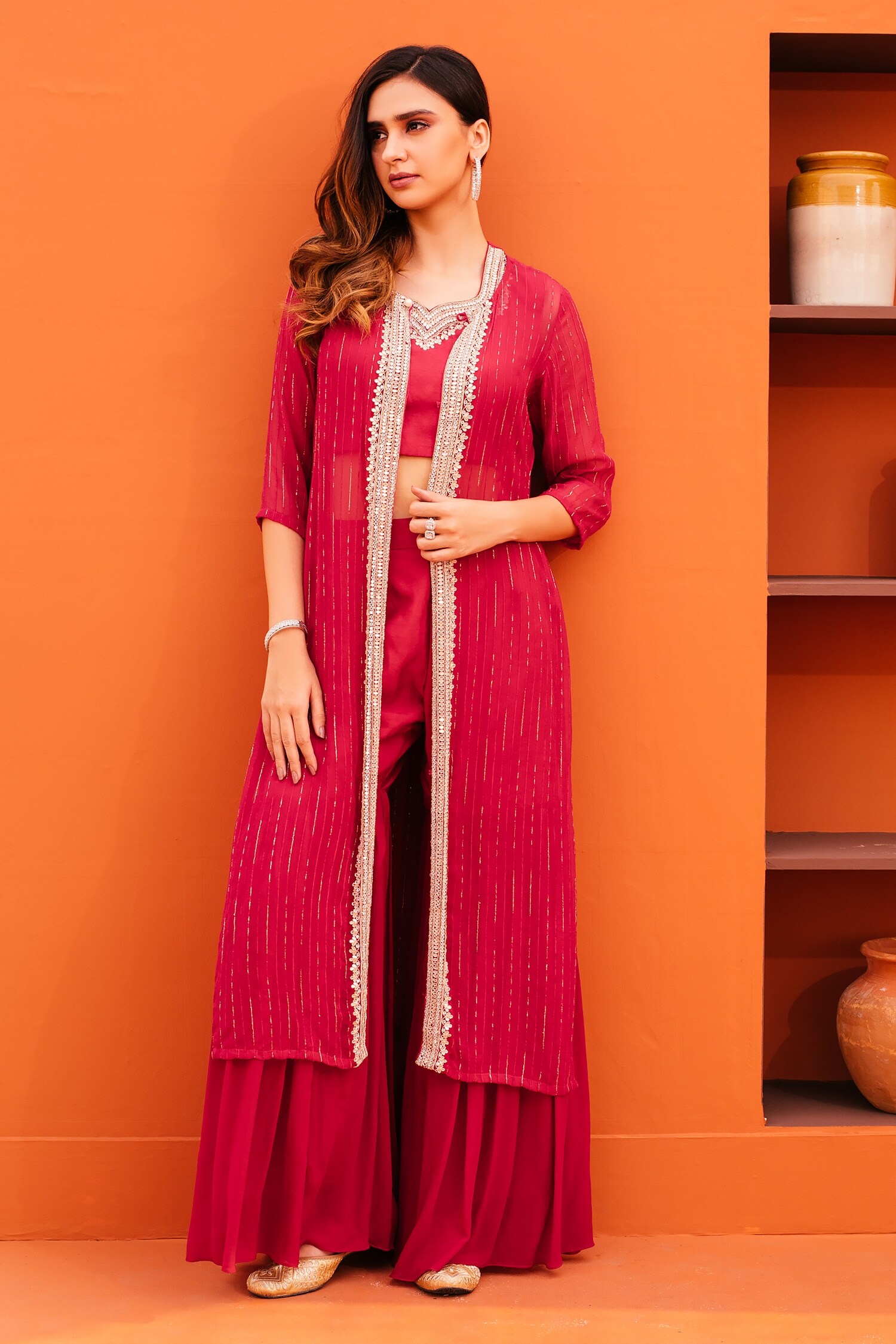 Buy Kesar Studio Silk Mirror Embroidered Jacket Sharara Pant Set Online ...