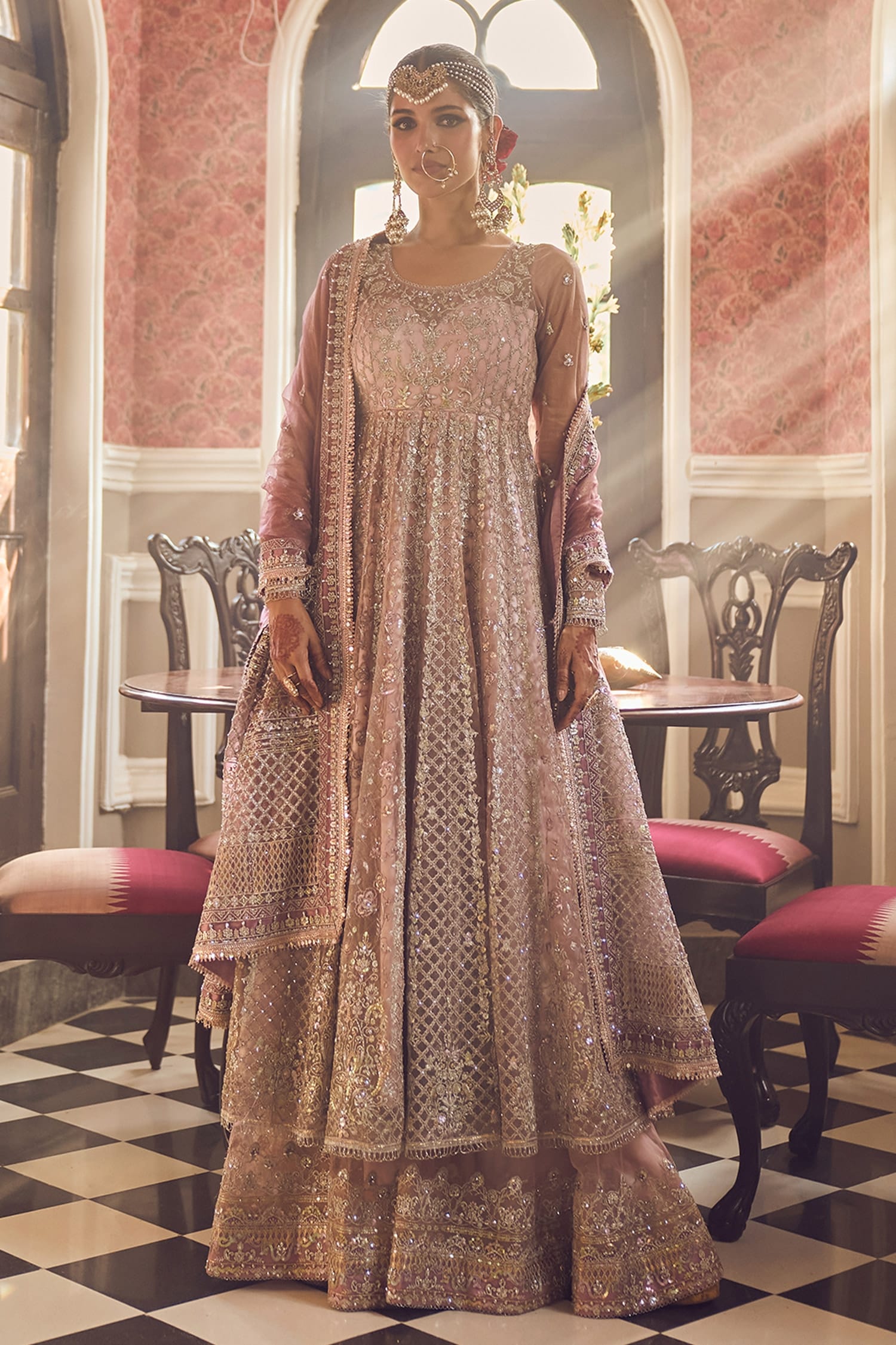 Buy Pink Net Embroidery Zari Round Neck Trellis And Floral Anarakali ...