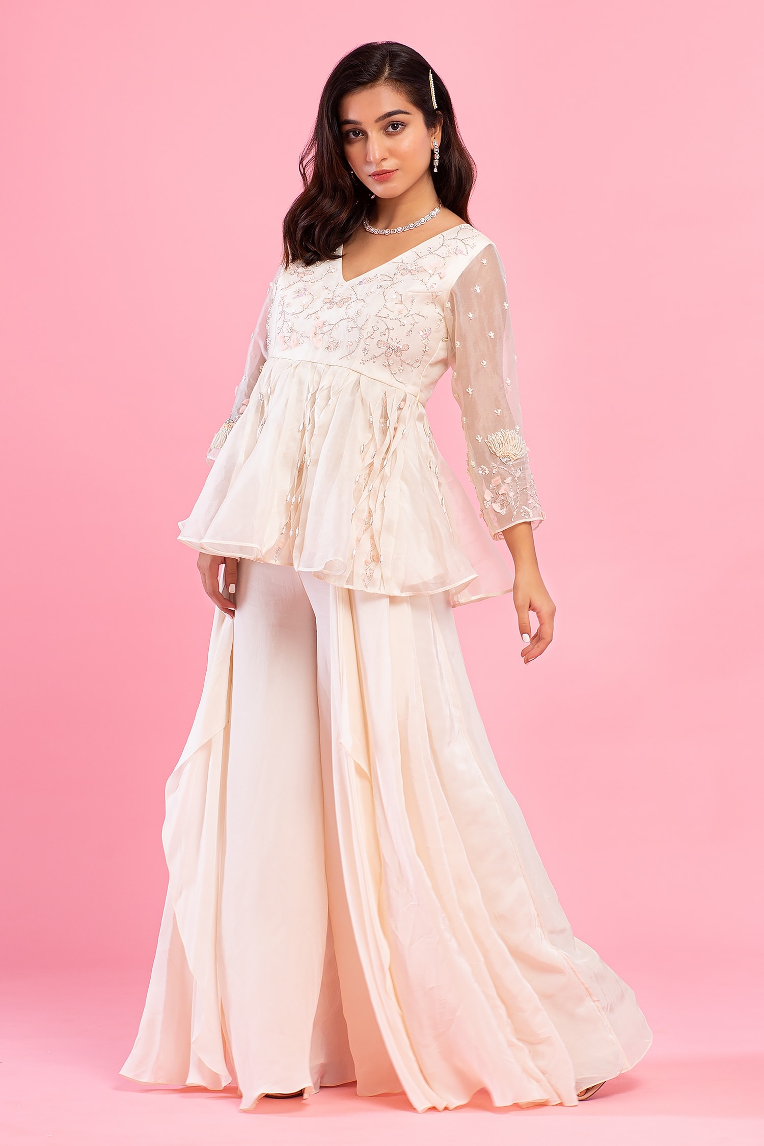 Buy Ivory Peplum Organza Hand Embroidered Glass Beads V And Palazzo Set