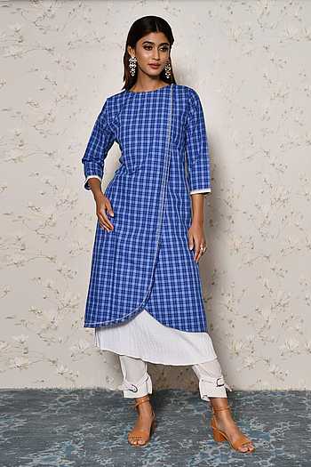 Buy Nazaakat by Samara Singh Blue Cotton Checkered Pattern Kurta And ...