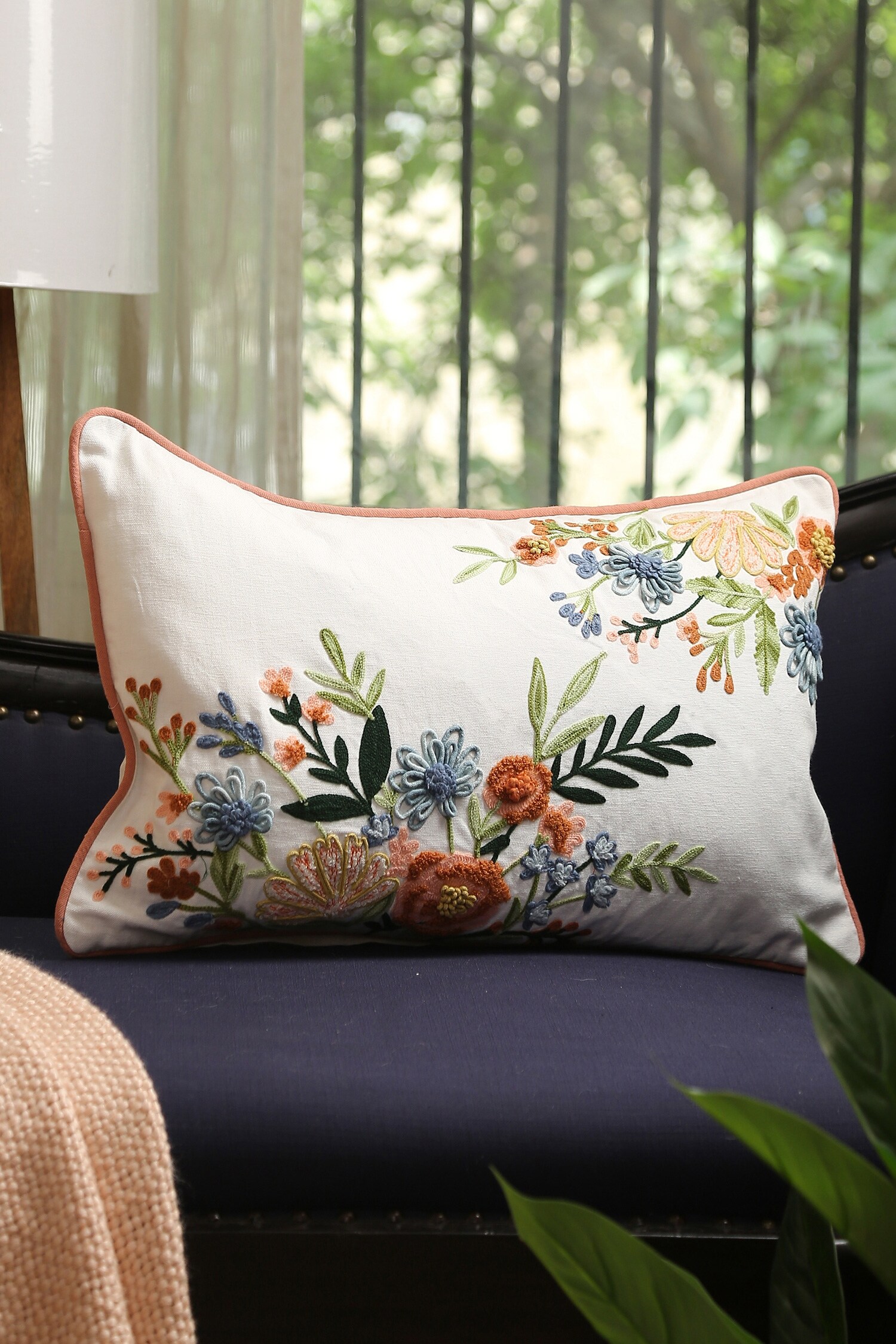 Buy Amoli Concepts Flower Embroidered Rectangular Cushion Cover Online ...