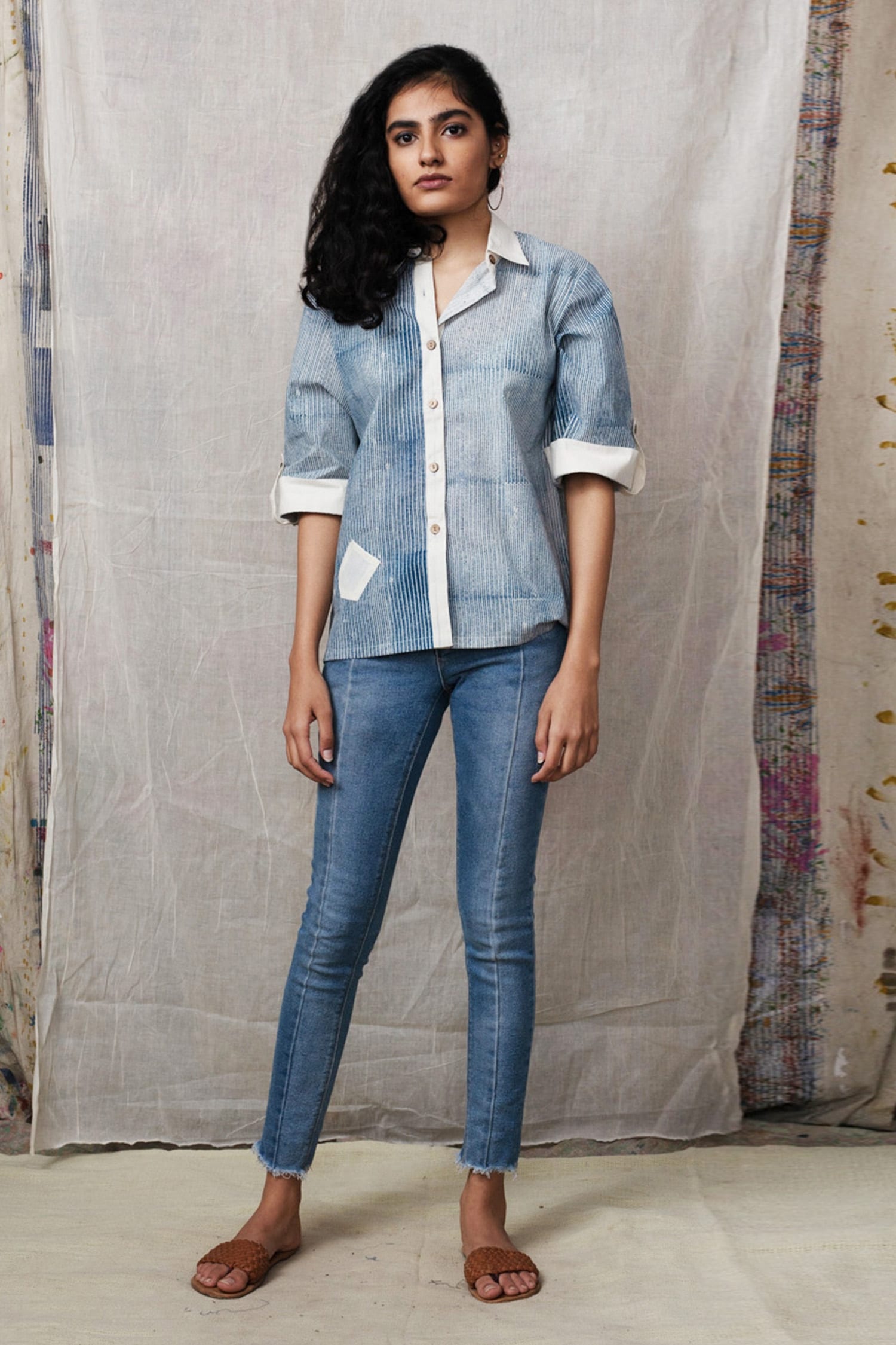 Buy Blue Cotton Printed Stripe Collared Neck Shirt For Women by BANANA ...