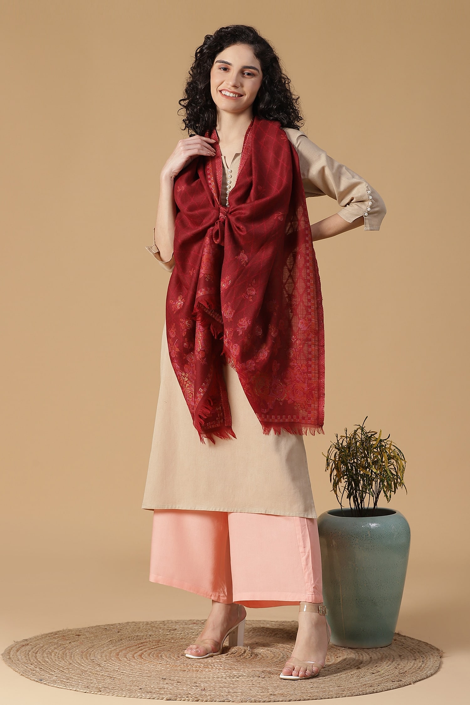 Buy Shingora Floral And Checkered Pattern Stole Online | Aza Fashions