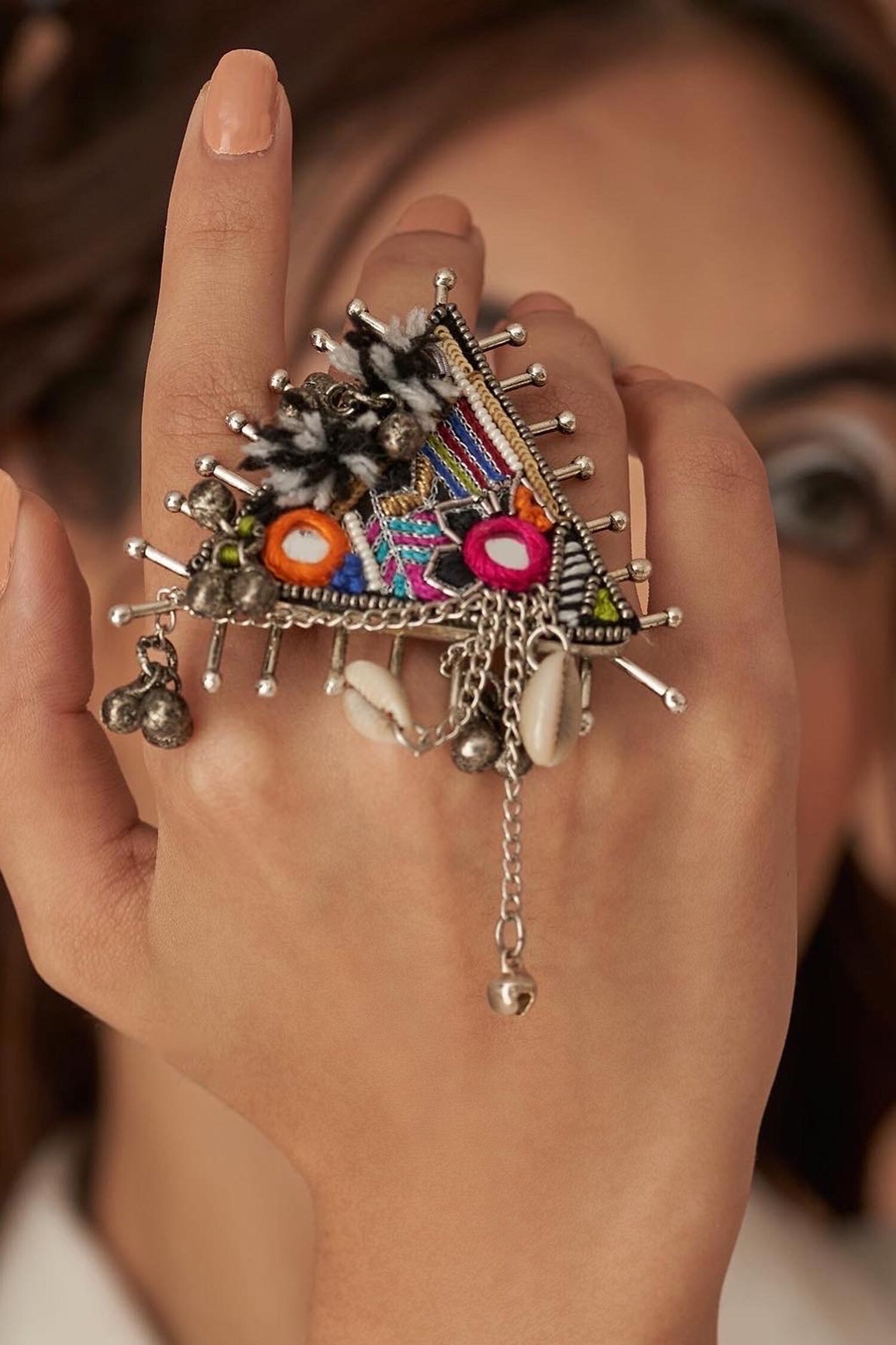 Buy Multi Color Thread Rabhya Embroidered Tribal Ring by Knotmecute ...