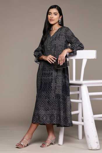 Buy Blue Rayon Printed Bandhej Patterns V Neck Tiered Dress For Women ...