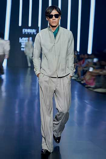 Buy Grey Terriwool Curved Panel Zipper Shacket For Men by Dhruv Vaish ...