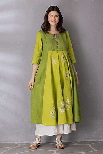 Buy Green Cotton Linen Embroidered Floral Colour Block Tunic And Pant ...