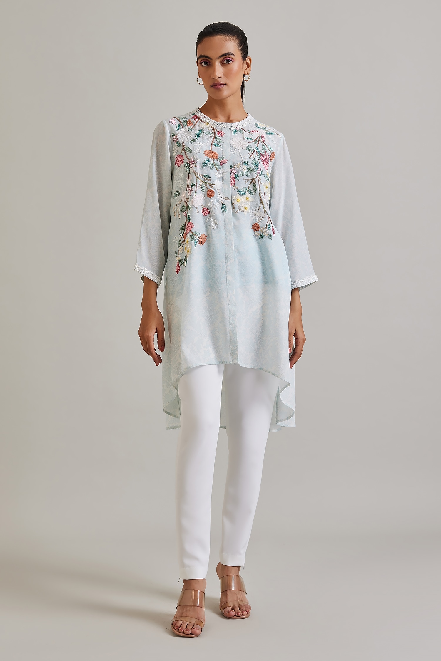 Buy Blue Silk Crepe Printed Floral Round Glacial Valley Embellished