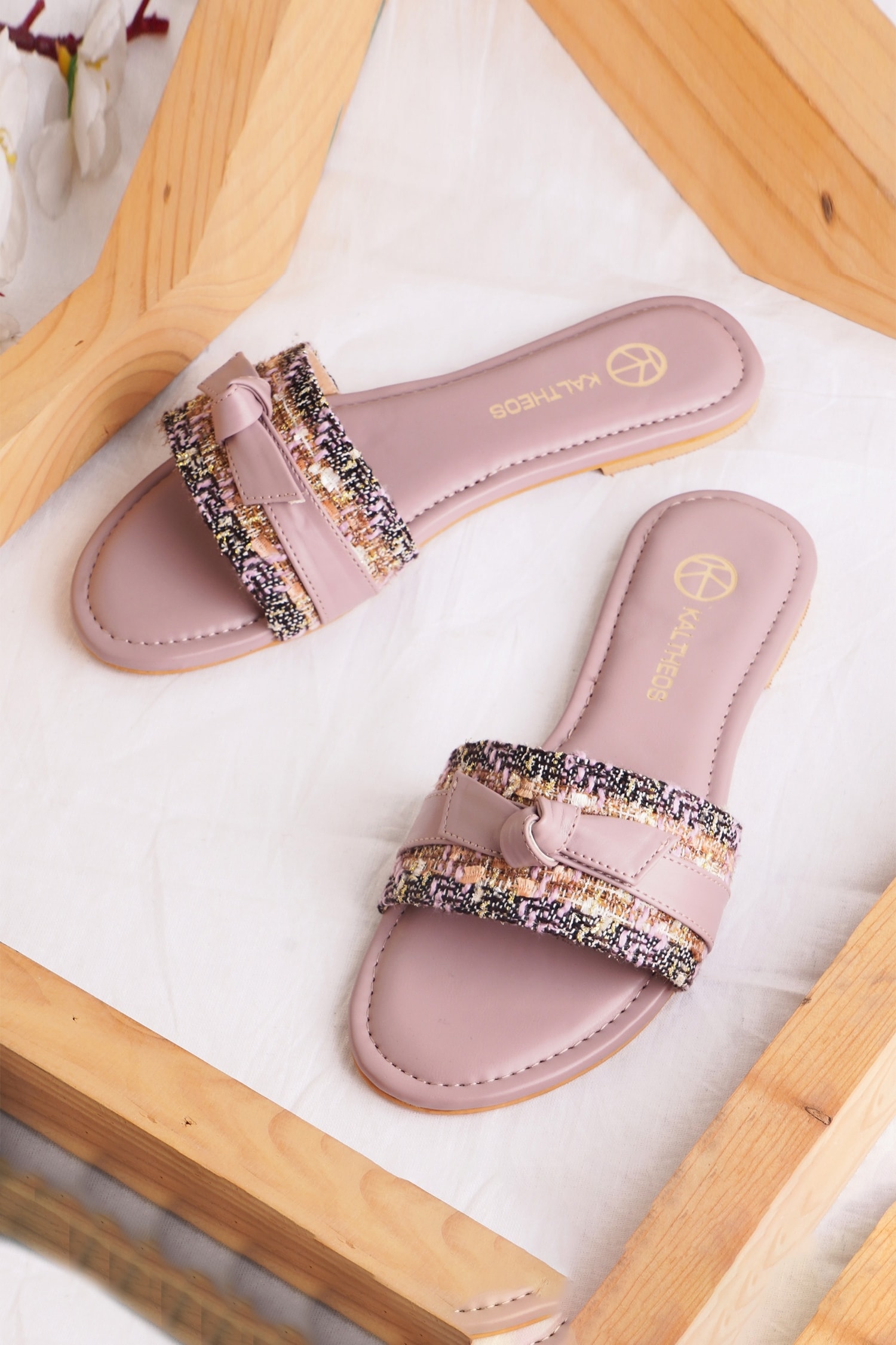 Buy Purple Mia Open Toe Knotted Tweed Flats by Kaltheos Online at Aza ...