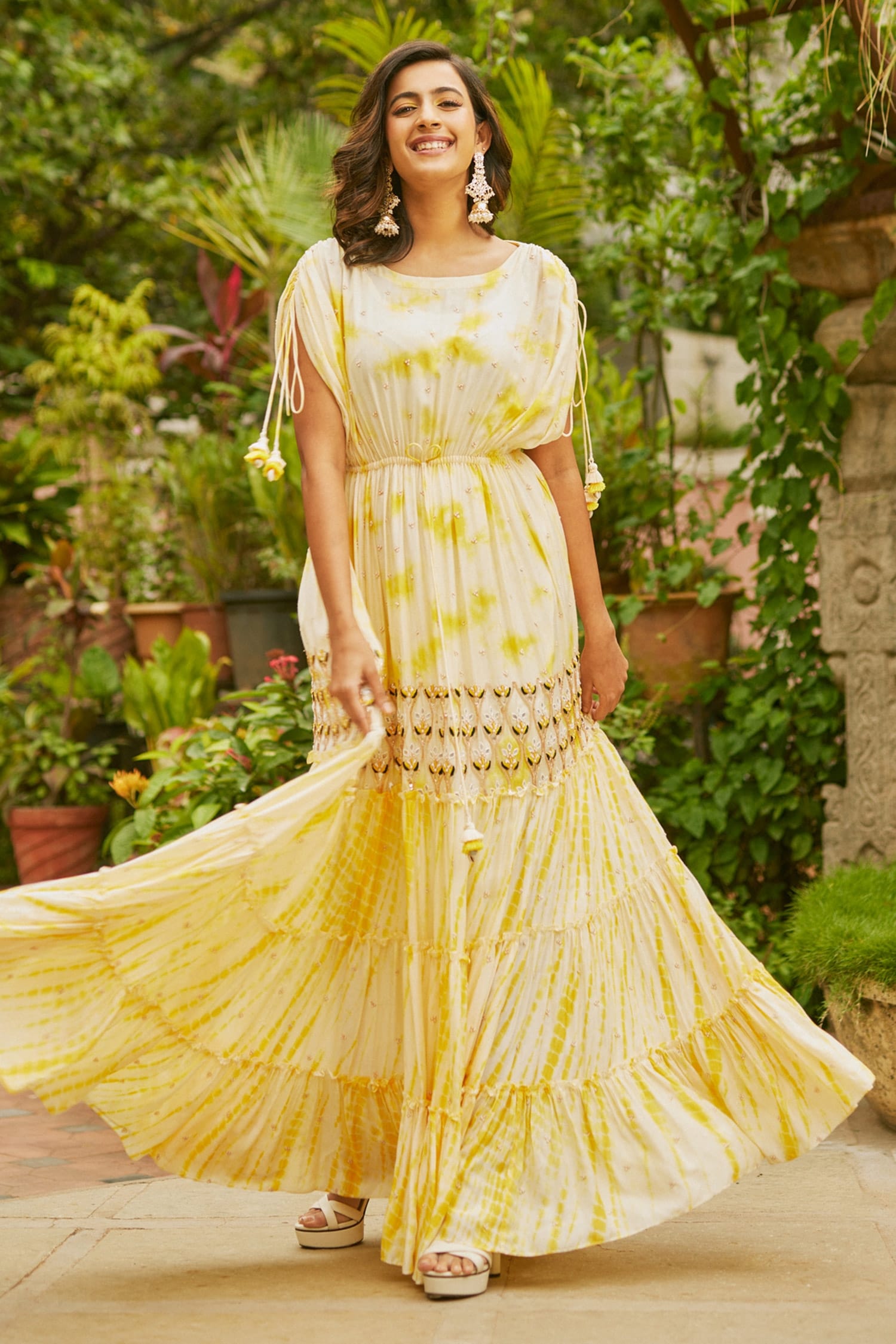 Buy Yellow Muslin Silk Tie-dye And Hand Embroidered Thread Boat Neck ...