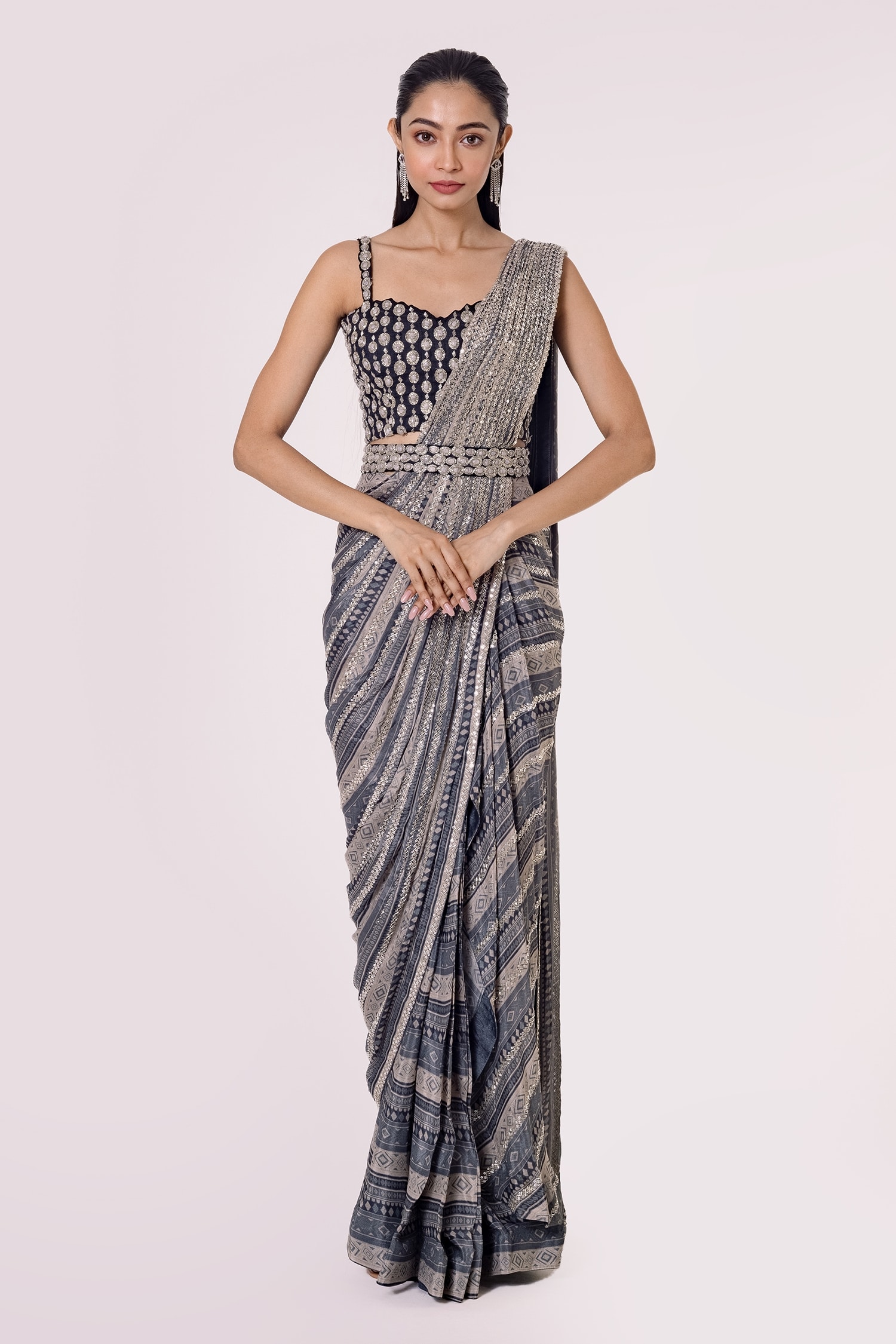 Buy Grey Chiffon Embellished Diamond Pattern Pre-draped Saree With ...