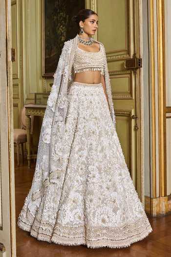 Buy Ivory Net Embroidery Pearl Scoop Neck Floral Lehenga Set For Women ...