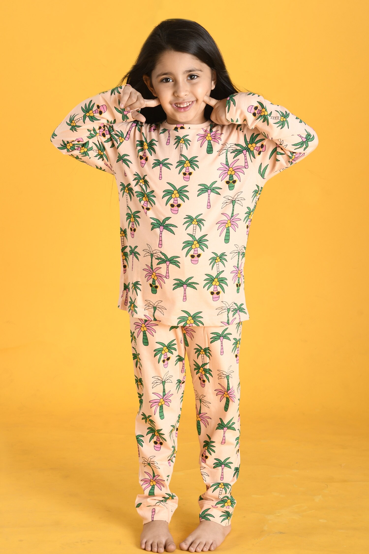 Buy Peach 100% Cotton Printed Palm Tree Pyjama Set For Girls by ...