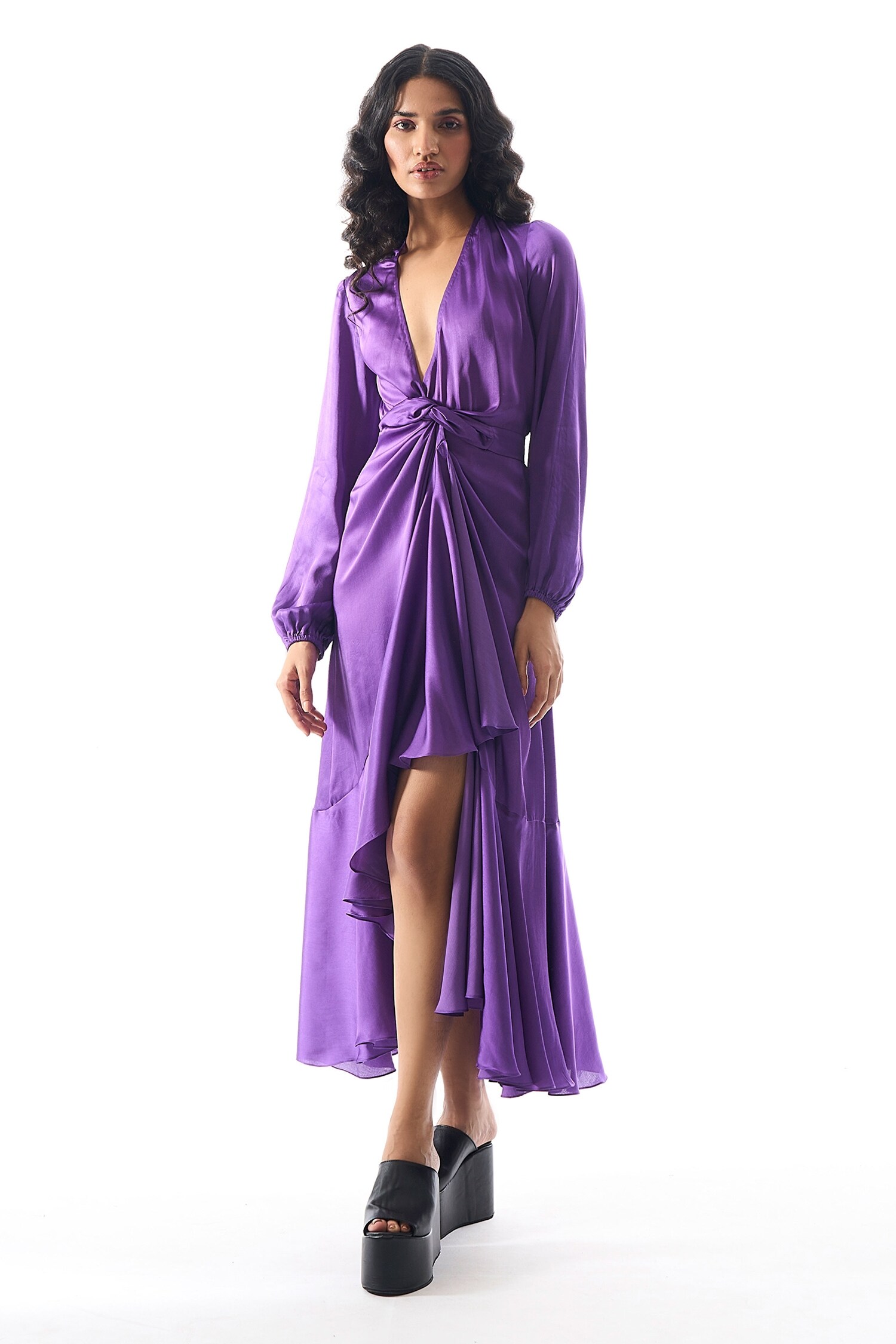 Buy Purple Modal Satin Plain Plunge V Neck Esmeralda Overlap Dress For ...