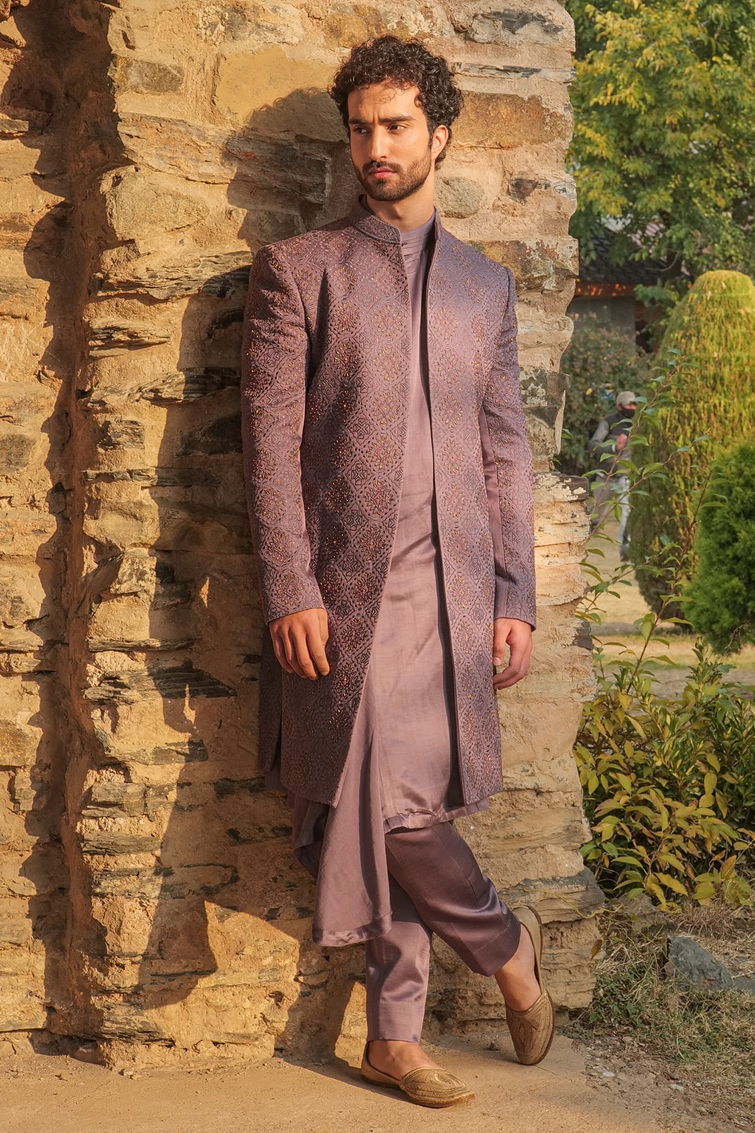 Buy Purple Linen Silk Embroidered Kashmiri Jamawar Open Sherwani Set ...