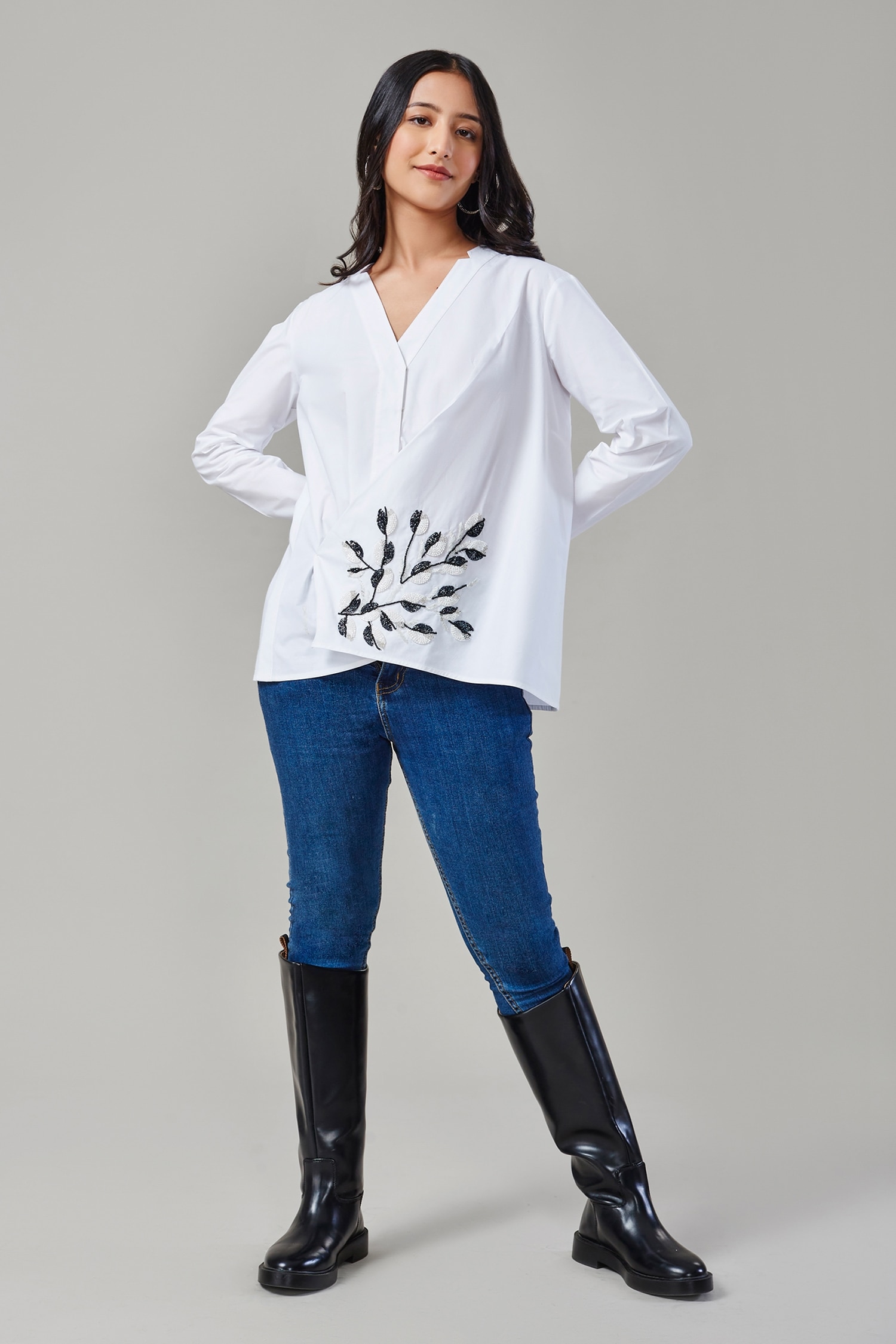 Buy White Poplin Embellished Leaf V Neck Overlap Full Sleeve Shirt For ...