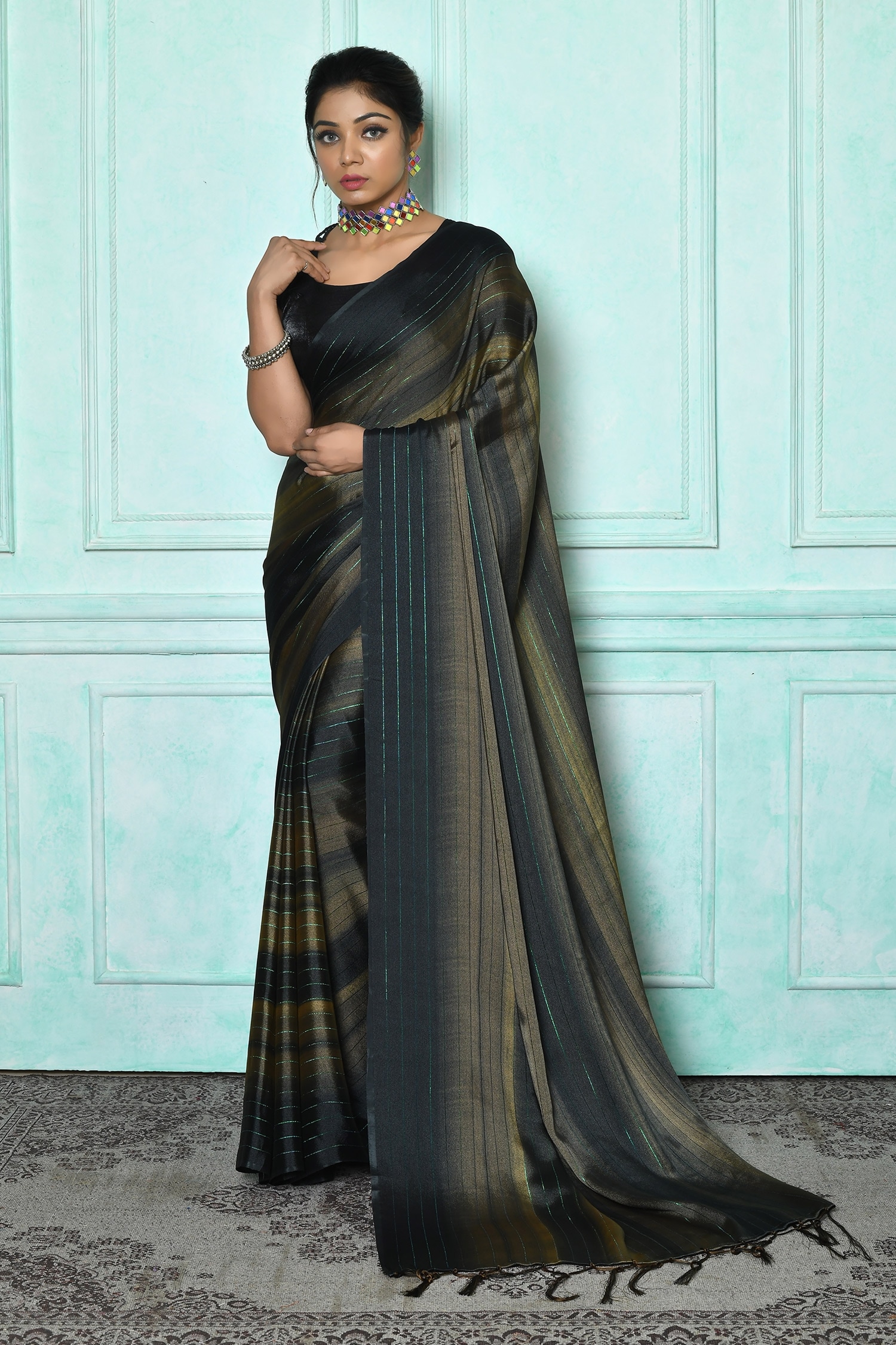 Buy Black Georgette Woven Floral Striped Saree For Women by Nazaakat by ...