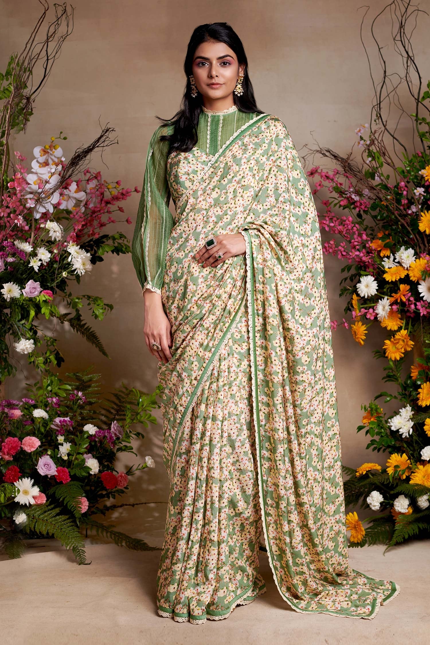 Buy Green Vis Chanderi Printed Floral High Neck Flourish Saree With ...