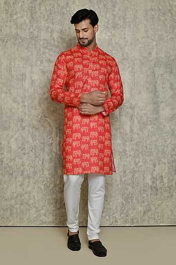 Buy Orange Kurta: Cotton Blend Printed Elephant Motif Set For Men by ...